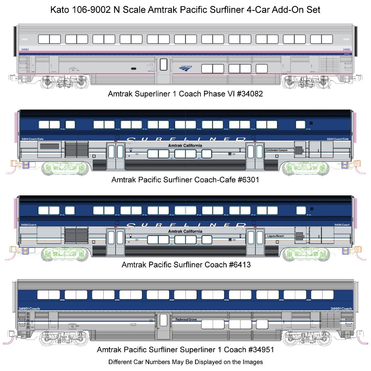 Kato 106-9002, N Scale Amtrak Pacific Surfliner 4-Car Add-On Set (4 Bi ...